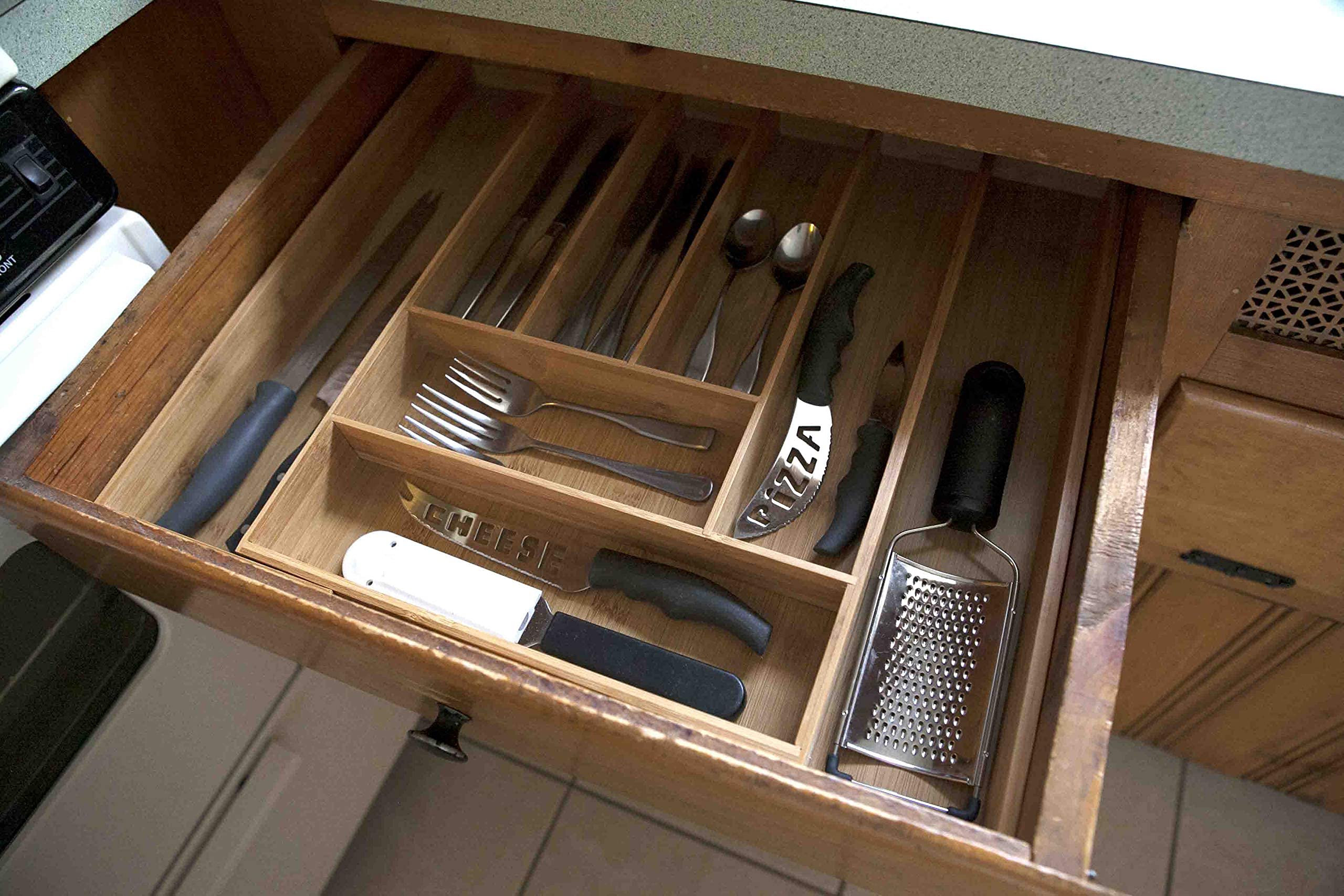 Home Basics Expandable Bamboo Utility Drawer Organizer with 8 Compartments Utensil Cutlery Tray, Adjustable Kitchen Divider for Craft, Sewing, Office, Bathroom, Kitchen