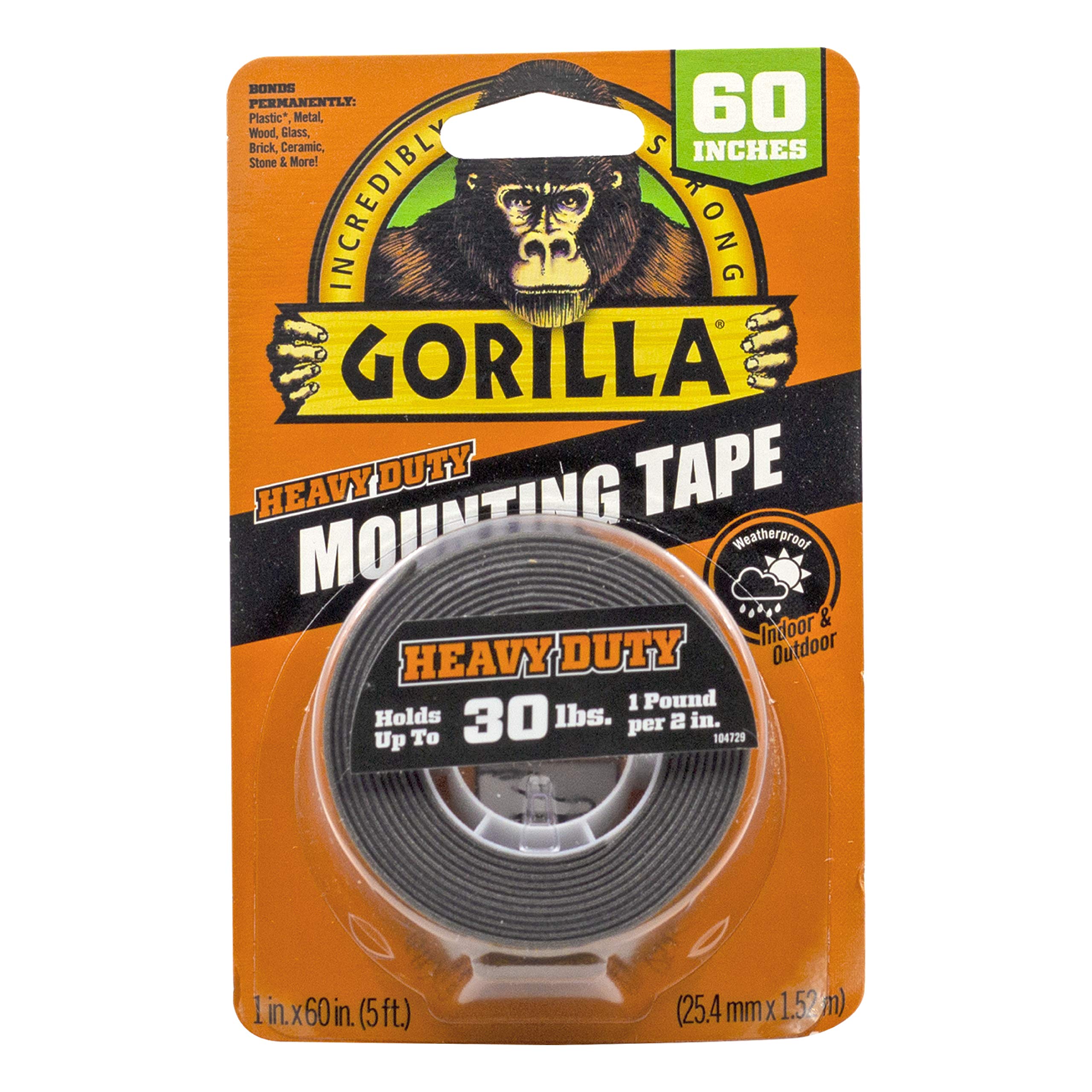 Gorilla - Heavy Duty Double Sided Mounting Tape, Weatherproof, 1" x 60", Black, (Pack of 2)