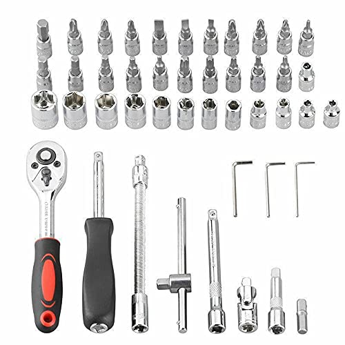 JTSQ 46Pcs 1/4" Ratchet Wrench Combination Package Socket Tool Set Auto Car Repairing Tool box Tool set Tool kit Multi tool Tool organizer Tool box organizer Hand tools Tool storage Home improve