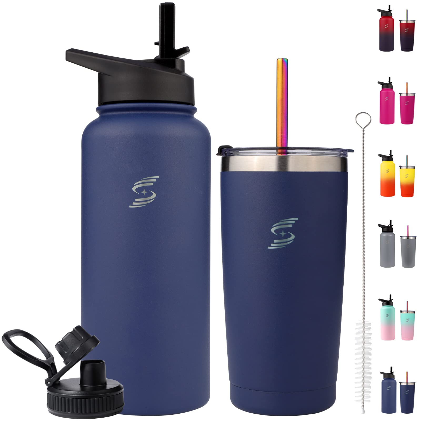 SUNNYPLUS 32oz&20oz Insulated Water Bottles,Bottle with Straw (2Lids),Travel Mug Tumbler with Straw and Lid,Leak Proof,Vacuum Double Walled Stainless Steel,Sports Bottle Keep Cold and Hot (Navy Blue)