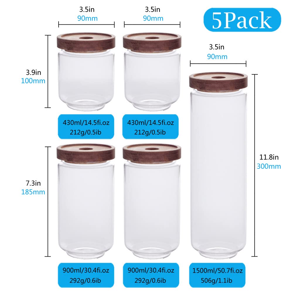 SAIOOL Set of 5 Kitchen Canisters,Thick, Stackable, Natural Style,Cookie, Rice and Spice Jars - Sugar or Flour Container - Big and Small Airtight Food Jar for Pantry