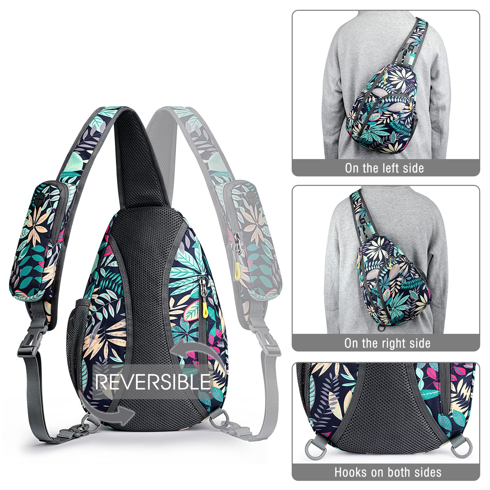 G4Free RFID Sling Bag Crossbody Backpack Casual Chest Shoulder Daypack Gym Bag for Hiking Travel 7L(Blue Leaf)
