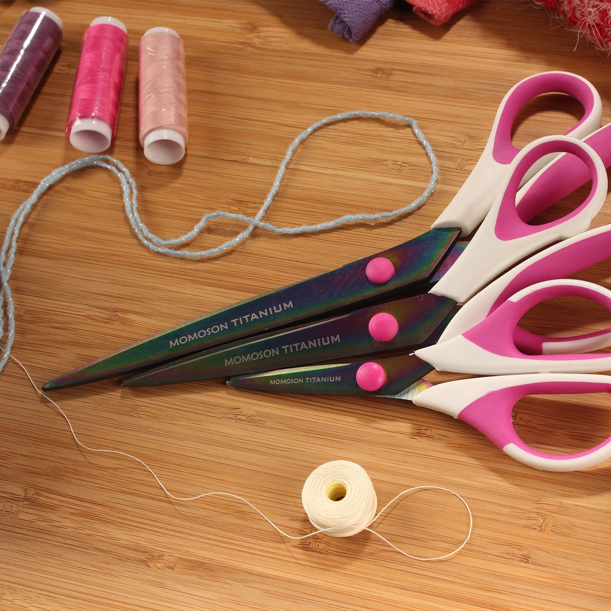 BambooMN Titanium Softgrip Scissors Set for Sewing, Arts, Crafts, Office - 1 set of 3 - White w/Pink Inlays