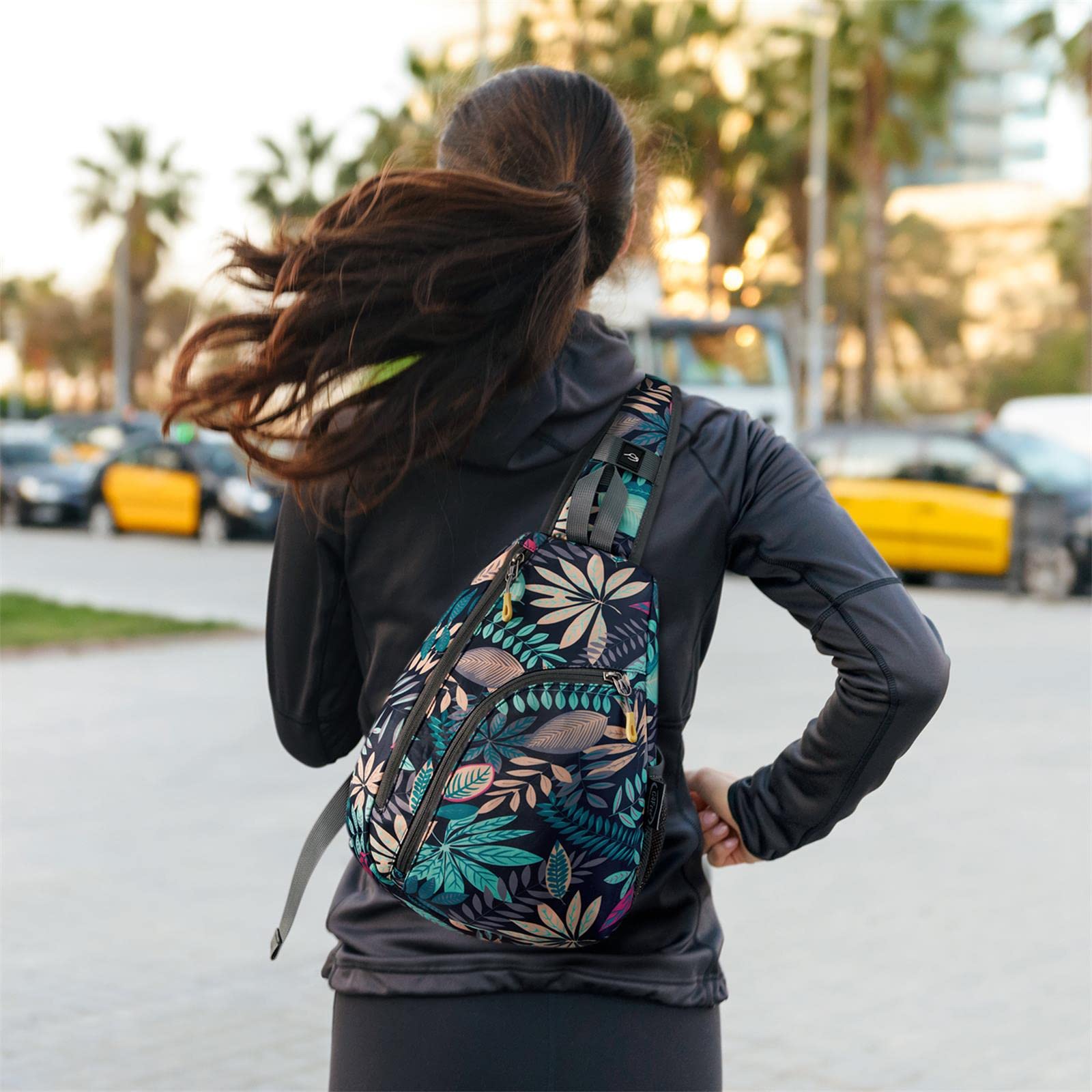G4Free RFID Sling Bag Crossbody Backpack Casual Chest Shoulder Daypack Gym Bag for Hiking Travel 7L(Blue Leaf)