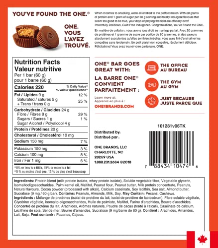 ONE Protein Bars, Peanut Butter Cup, Gluten Free Protein Bar with 20g Protein and only 1g Sugar, Snacking for High Protein Diets, 2.12 Ounce (12 Count)