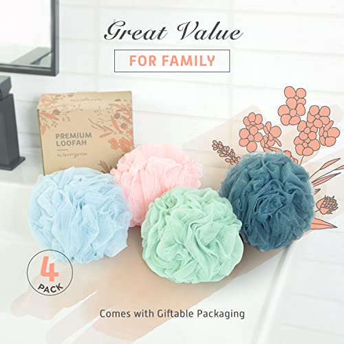 Spongentle Deep Cleansing Loofah Sponge, Pack of 4, Bath and Shower, Exfoliating Body Scrubber, Gorgeous Colors for Women and Men