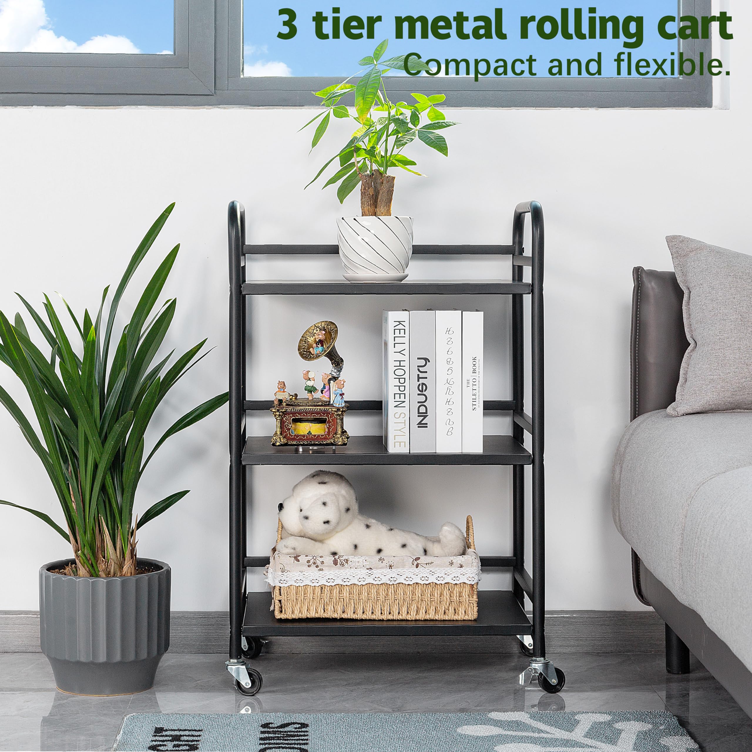 HDANI 3 Tier Rolling Cart Shelves,Heavy Duty Multifunctional Metal Frame-Supports 40 Lbs Per Tier,Rolling Cart with 2 Lockable Wheels for Home,Office,Kitchen,Bathroom,Bedroom (Black)