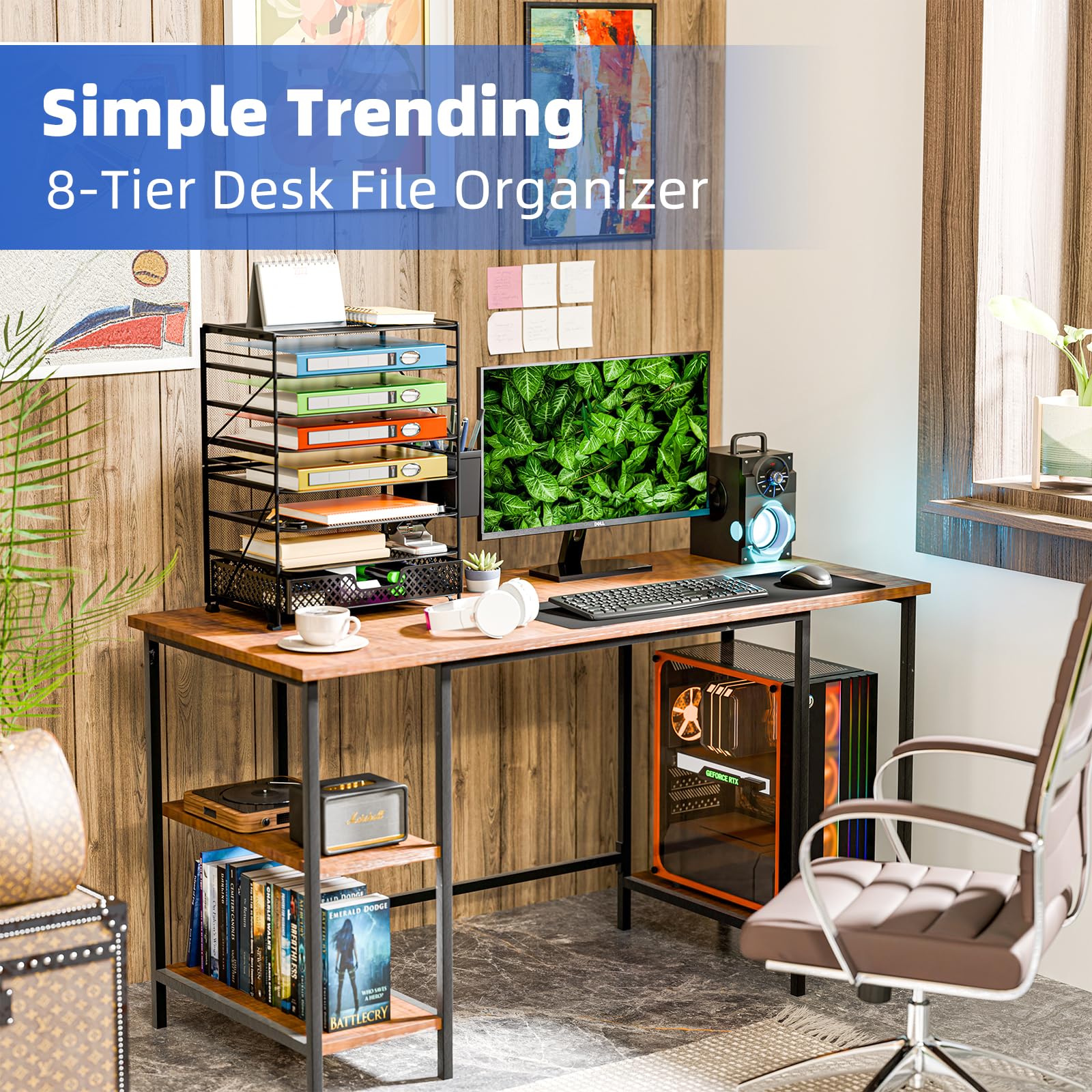 Simple Trending 4-Trays Mesh Office Supplies Desk Organizer, Desktop Hanging File Holder with Drawer Organizer and Vertical Upright Section for Office Home, Black