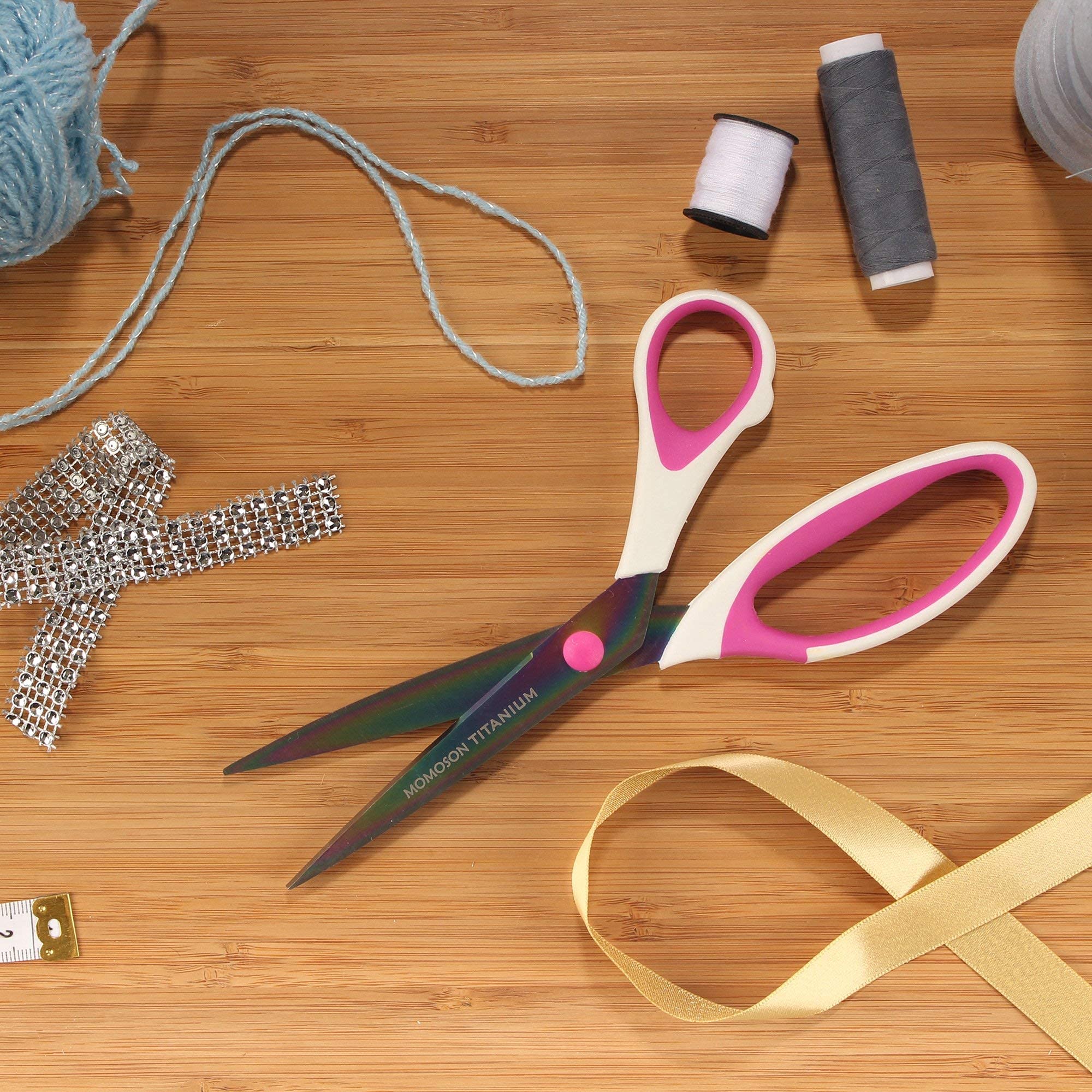 BambooMN Titanium Softgrip Scissors Set for Sewing, Arts, Crafts, Office - 1 set of 3 - White w/Pink Inlays