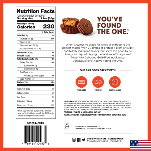 ONE Protein Bars, Peanut Butter Cup, Gluten Free Protein Bar with 20g Protein and only 1g Sugar, Snacking for High Protein Diets, 2.12 Ounce (12 Count)