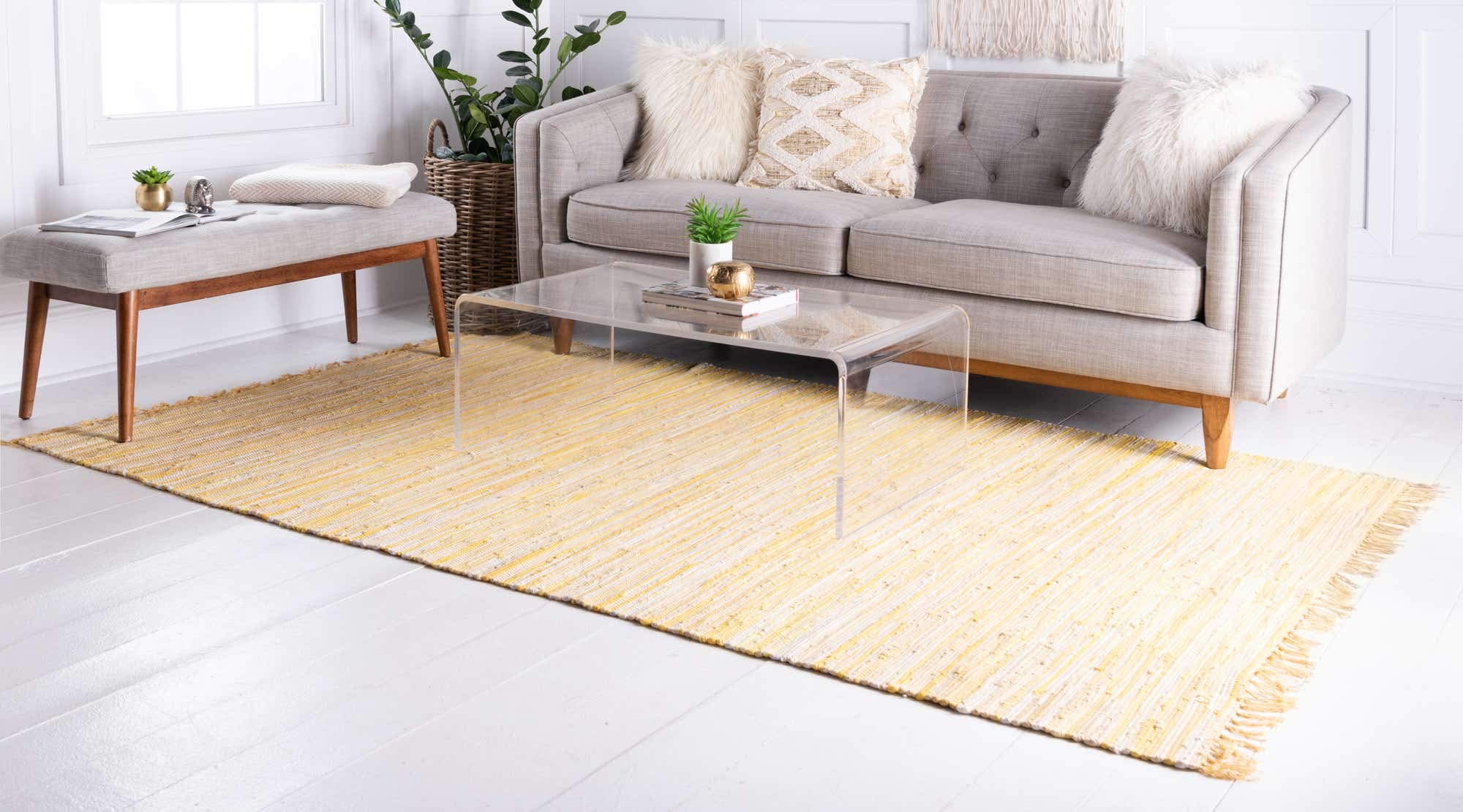 Unique Loom Chindi Cotton Collection Soft Hand Woven Natural Fiber Striped Area Rug, 9 ft x 12 ft, Yellow/Ivory