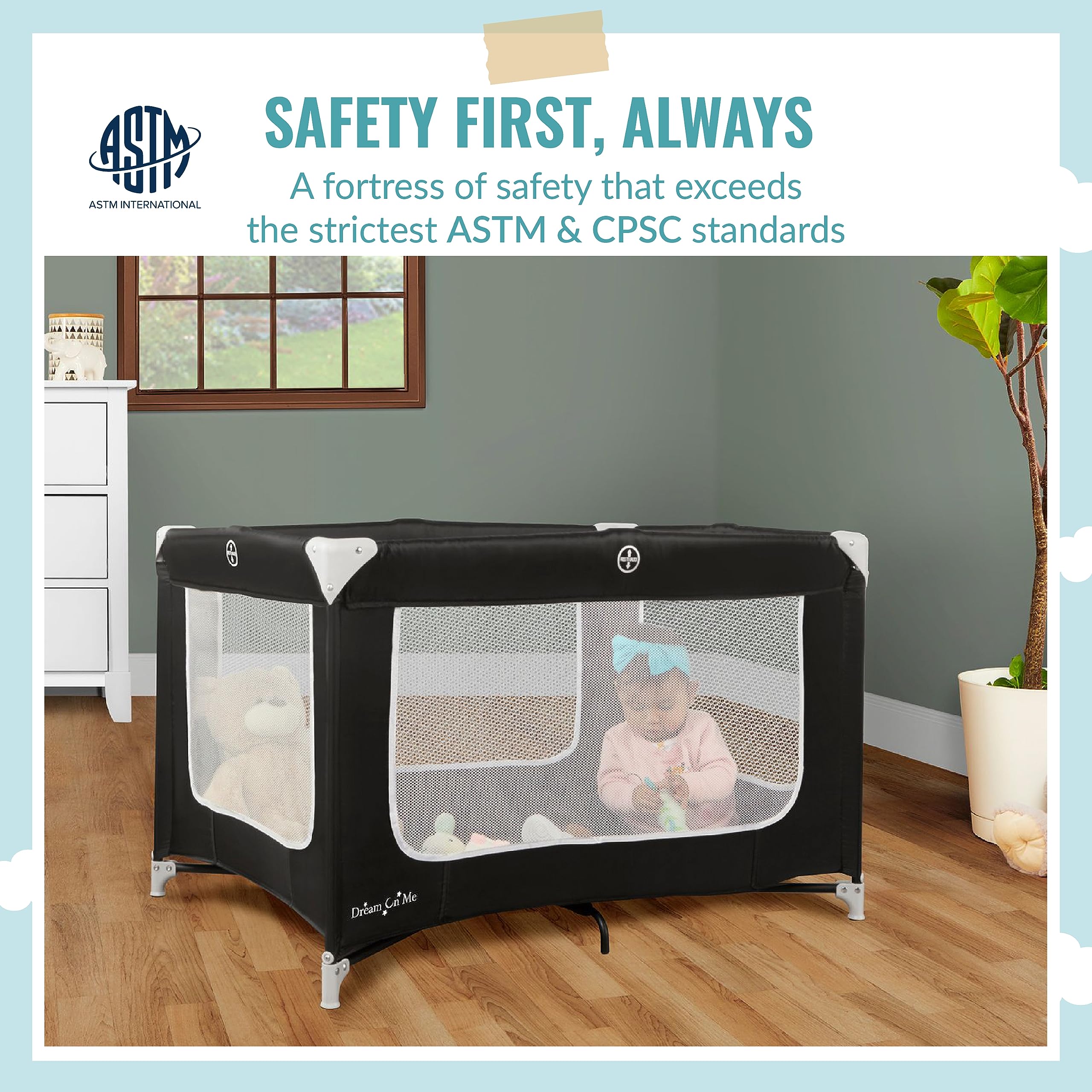 Dream On Me Zoom Portable Playard in Dark Grey, Lightweight, Packable and Easy Setup Baby Playard, Breathable Mesh Sides and Soft Fabric - Comes with a Removable Padded Mat