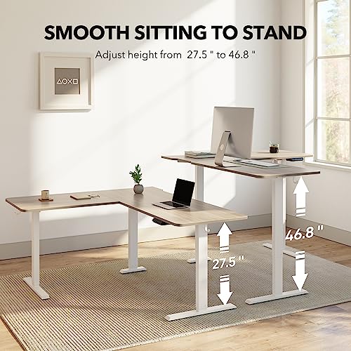 FEZIBO 63" L Shaped Standing Desk Height Adjustable, Electric Stand up Corner Desk, Sit Stand Home Office Desk with Splice Board, White Frame/Light Walnut Top