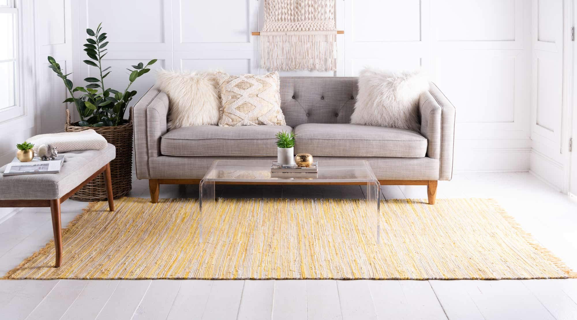 Unique Loom Chindi Cotton Collection Soft Hand Woven Natural Fiber Striped Area Rug, 9 ft x 12 ft, Yellow/Ivory
