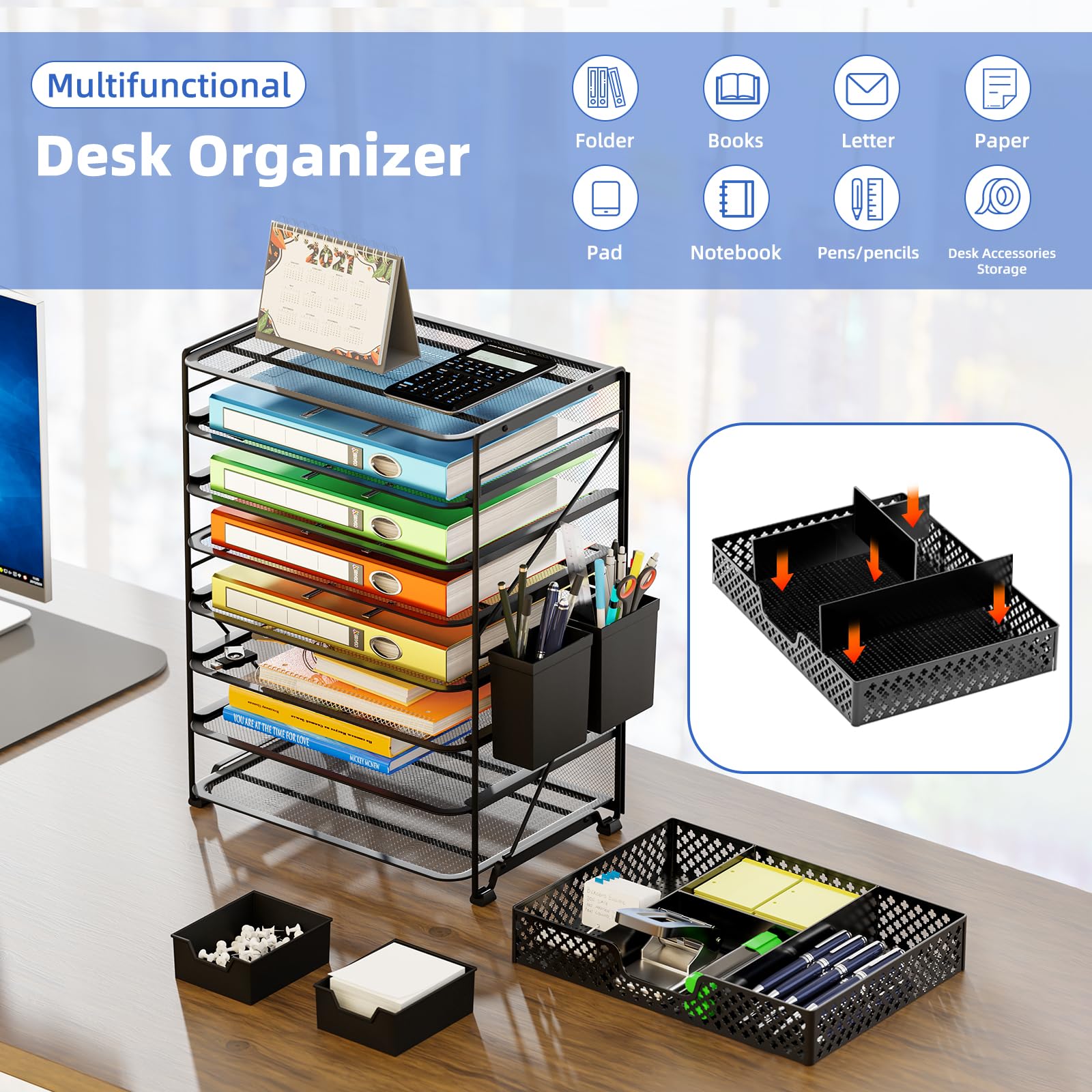 Simple Trending 4-Trays Mesh Office Supplies Desk Organizer, Desktop Hanging File Holder with Drawer Organizer and Vertical Upright Section for Office Home, Black