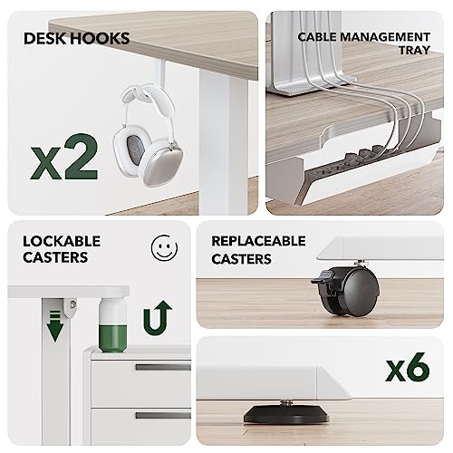 FEZIBO 63" L Shaped Standing Desk Height Adjustable, Electric Stand up Corner Desk, Sit Stand Home Office Desk with Splice Board, White Frame/Light Walnut Top