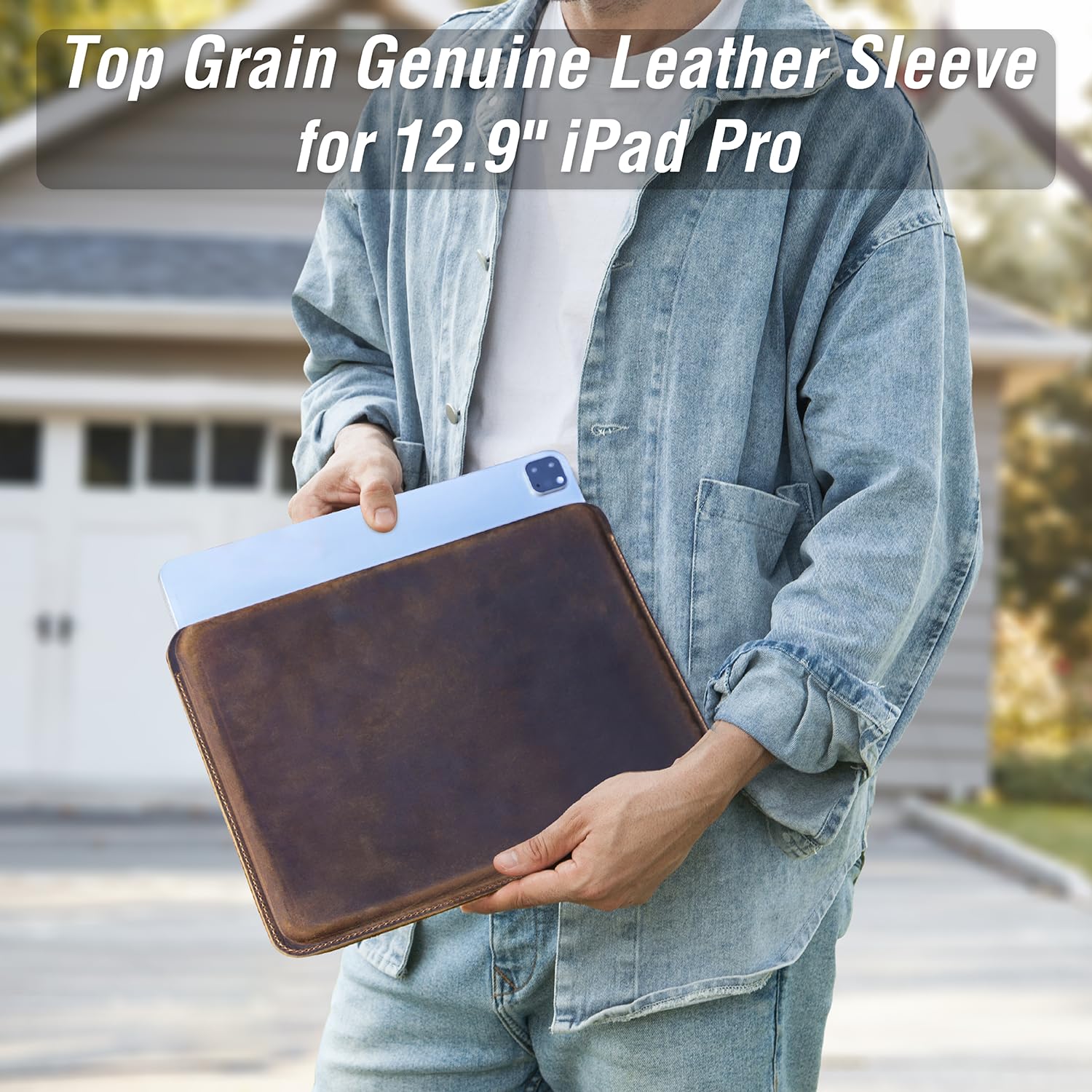 CataPurus Top Grain Genuine Leather 12.9" iPad Sleeve Case, Minimalist Vintage Design, Handmade, Compatible with 12.9" iPad Pro 3/4/5/6 Gen, Fits A1876 A1865 A1983 A2014 A2229 A2232, Coffee 12.9 Inch