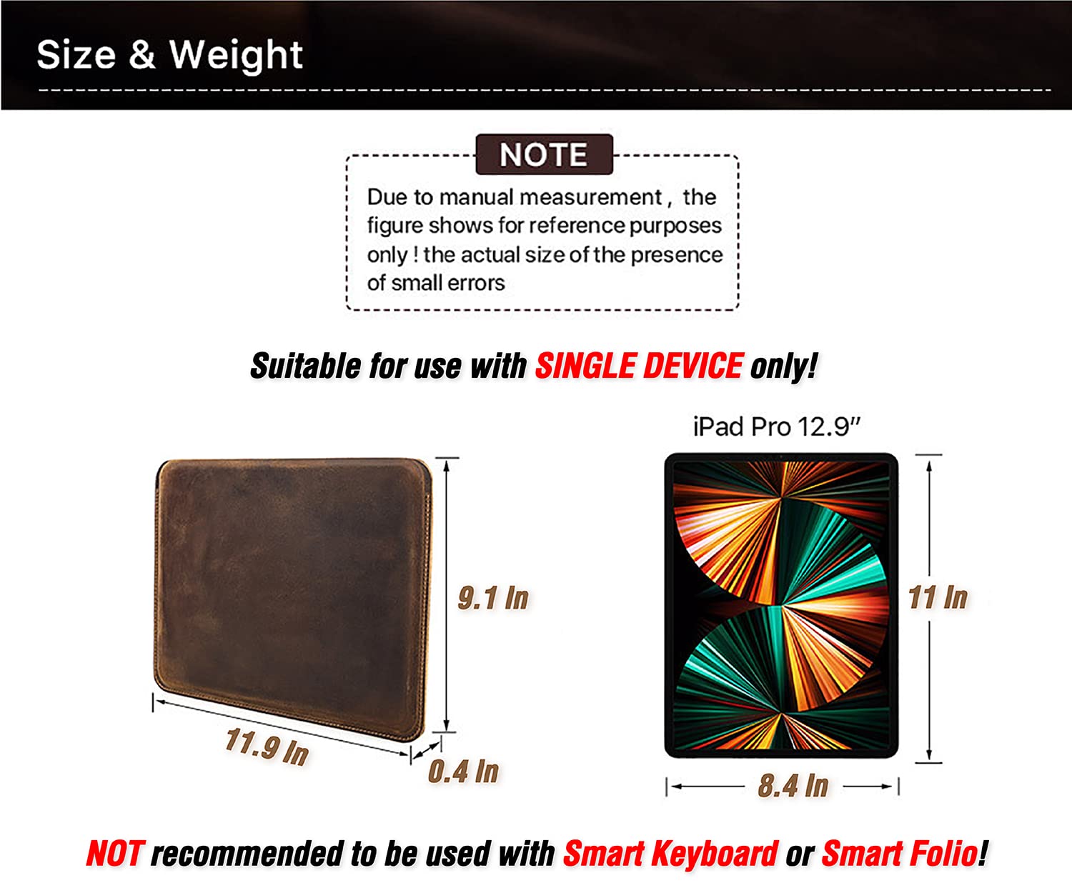 CataPurus Top Grain Genuine Leather 12.9" iPad Sleeve Case, Minimalist Vintage Design, Handmade, Compatible with 12.9" iPad Pro 3/4/5/6 Gen, Fits A1876 A1865 A1983 A2014 A2229 A2232, Coffee 12.9 Inch
