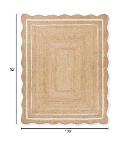 Chouhan Natural Jute Scalloped Bohemian Decor Handwoven Custom Decorative Rug (BD1) (9x11 ft-WHT)