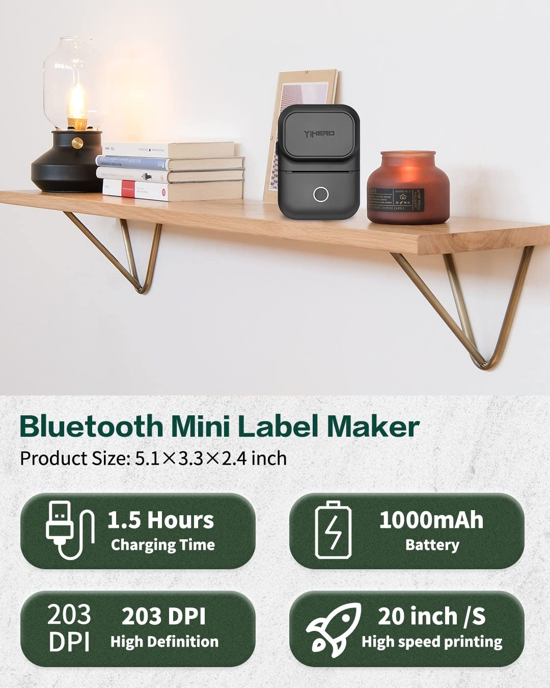 YiHERO YP10 Mini Label Printer Thermal Bluetooth Portable Label Maker-Compatible with Android & iOS, Multifunction for Business Clothing Mailing Office Home