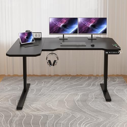 Suhapup Electric Height Adjustable Standing Desk, 59 L-Shaped Sit - Stand Desk for Work or Home Office Push Button Memory Settings Black Splice Board/Black Frame