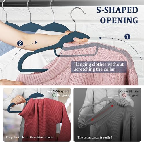 Flysums Plastic Hangers, 50 Pack Coat Hangers Rubber Coated Clothes Hangers with Non-Slip Design, Ultra Slim & Heavy Duty Suit Hangers, Space Saving Hangers for Closet (Blue- S Shaped)