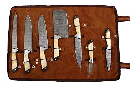 GladiatorsGuild G26- Professional Kitchen Knives Custom Made Damascus Steel 7 pcs of Professional Utility Chef Kitchen Knife Set with Chopper / Cleaver White & Black