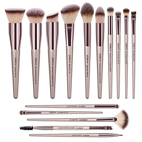 Raffaello Makeup Brushes, 15 Pcs Professional Premium Synthetic Brush Set, Foundation Concealer Eyeshadow Blush Makeup Brush Set (Champagne Gold)