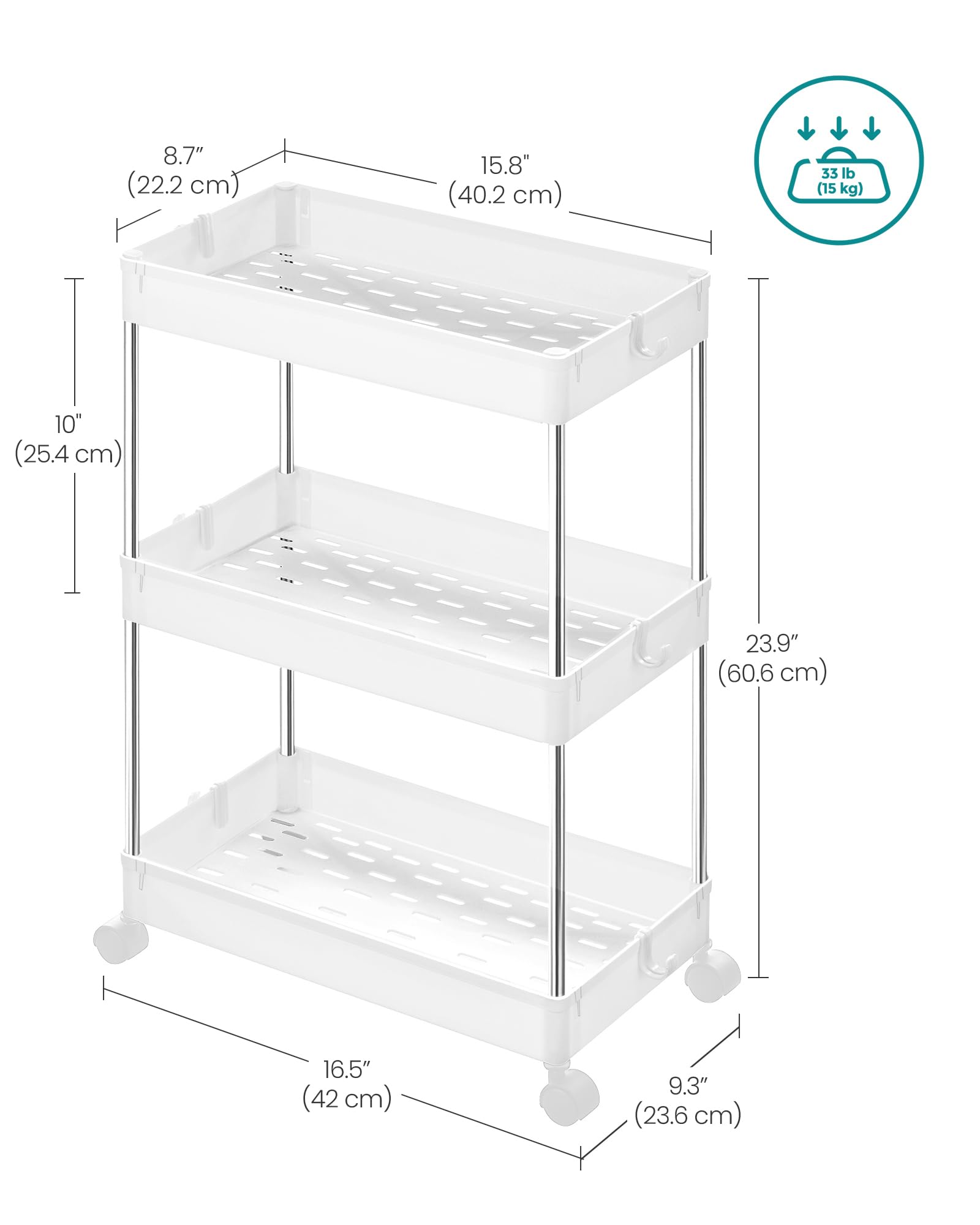SONGMICS 3-Tier Rolling Cart, Storage Cart with Wheels, Space-Saving Rolling Storage Cart, for Bathroom, Kitchen, Living Room, Office, 15.7 x 8.7 x 23.6 Inches, White UKSC009W01
