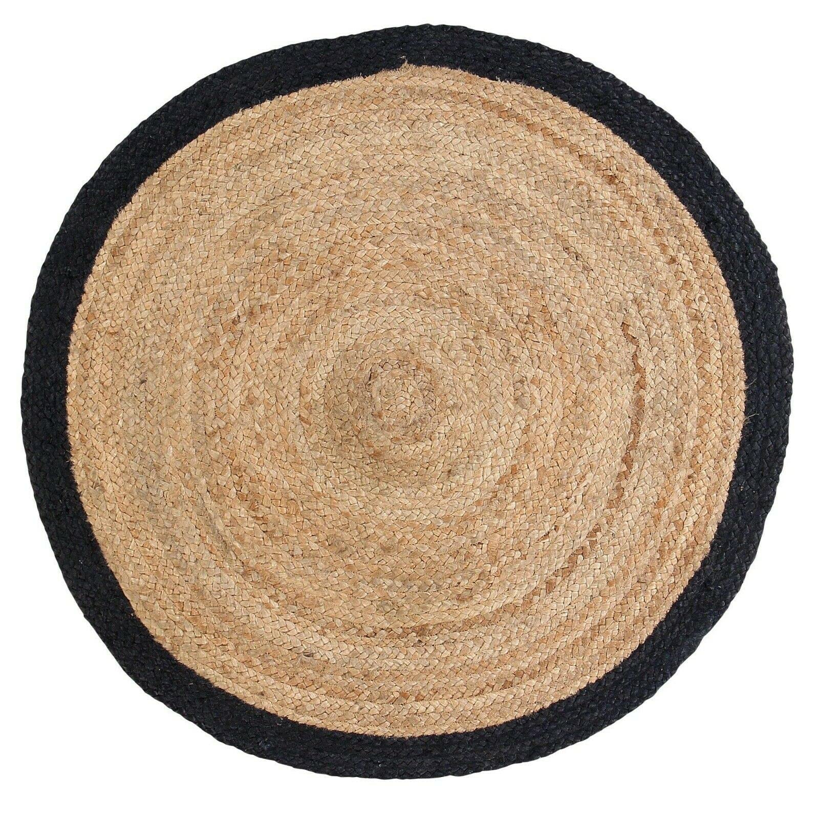 THE PIKKU INTERNATIONAL - Rug Round Natural Jute Hand Woven Braided Area Rug Beige with Black Color Border Carpet (132 x 132 Inch (11 Feet Round))