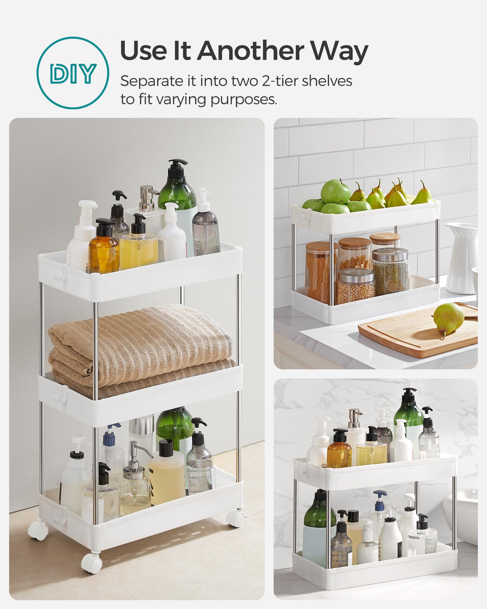 SONGMICS 3-Tier Rolling Cart, Storage Cart with Wheels, Space-Saving Rolling Storage Cart, for Bathroom, Kitchen, Living Room, Office, 15.7 x 8.7 x 23.6 Inches, White UKSC009W01