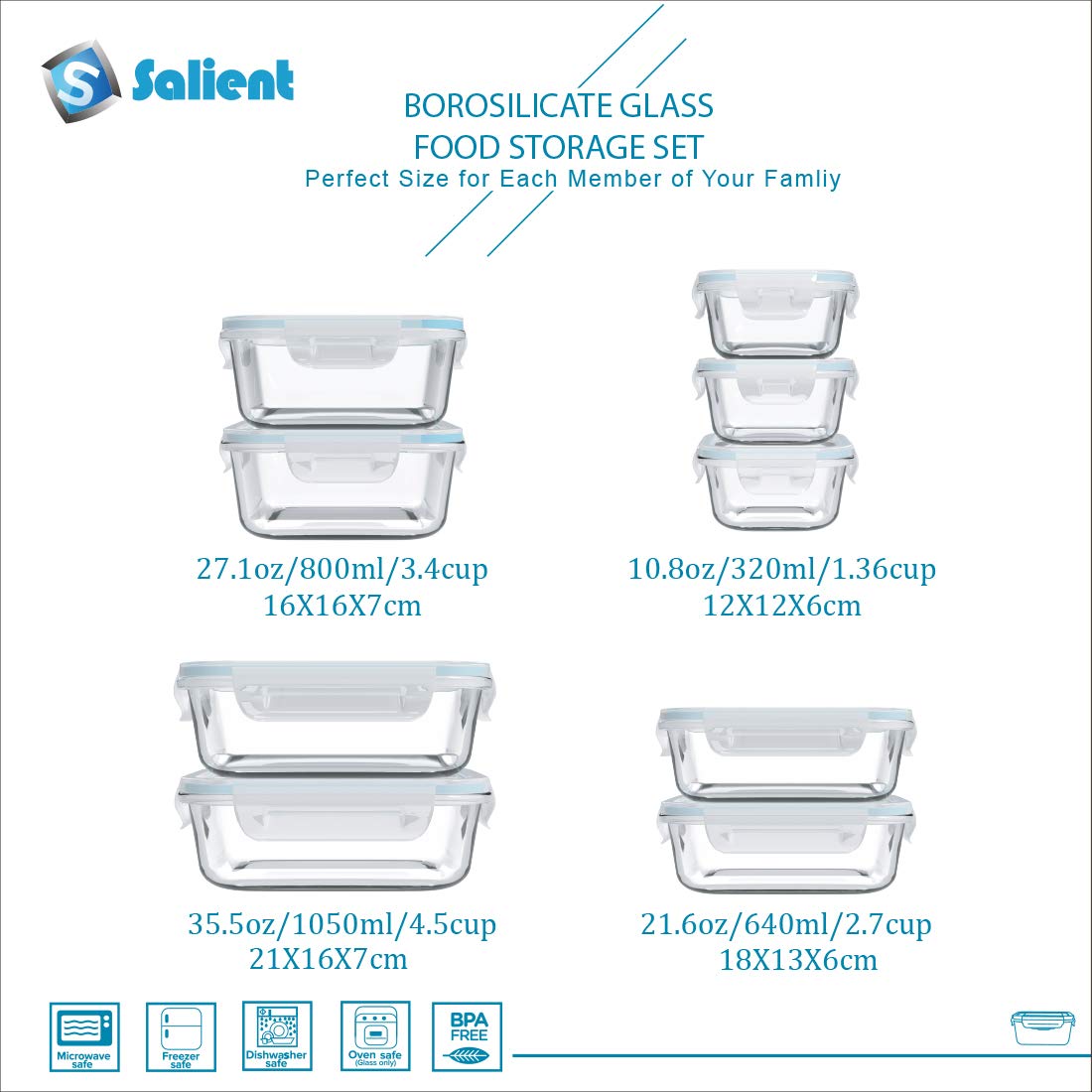 S SALIENT 18 Piece Glass Food Storage Containers with Lids, Glass Meal Prep Containers, Glass Containers for Food Storage with Lids, BPA Free & Leak Proof (9 lids & 9 Containers)