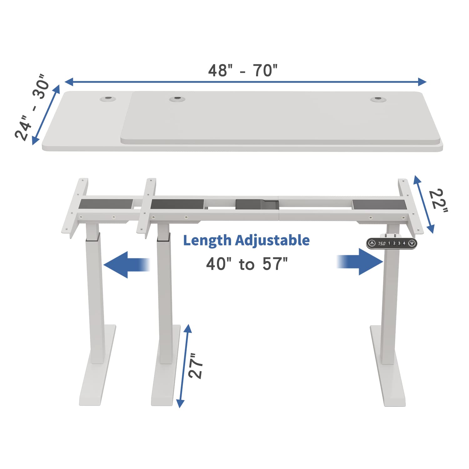 Bilbil Dual Motor Electric Standing Desk Frame - Adjustable Height Workstation for Home and Office, Fits 48'' to 70'' Desktops (White Frame)