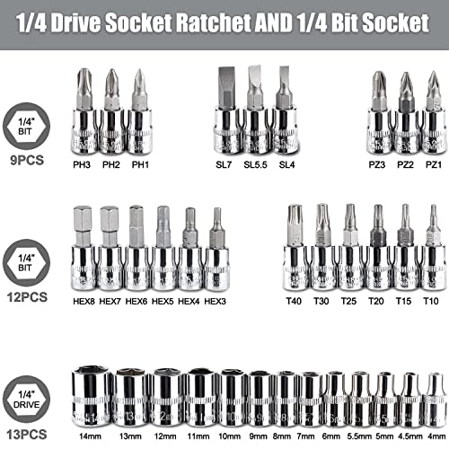 Sutlumisi 46Pcs Drive Socket Ratchet Wrench Set, 1/4 inch Metric Hex Socket Set & Bit Socket Set & Extension Bars, Car Tools Kit for Automotive Repair & Household