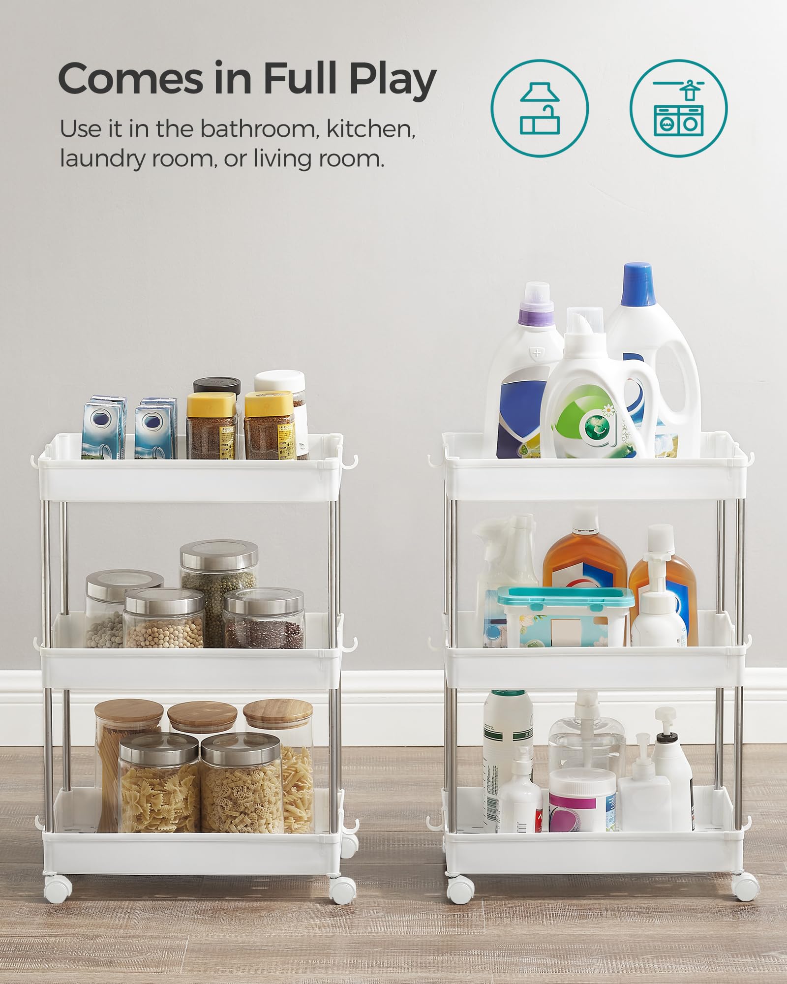 SONGMICS 3-Tier Rolling Cart, Storage Cart with Wheels, Space-Saving Rolling Storage Cart, for Bathroom, Kitchen, Living Room, Office, 15.7 x 8.7 x 23.6 Inches, White UKSC009W01