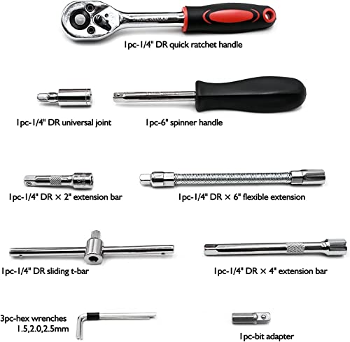 Sutlumisi 46Pcs Drive Socket Ratchet Wrench Set, 1/4 inch Metric Hex Socket Set & Bit Socket Set & Extension Bars, Car Tools Kit for Automotive Repair & Household