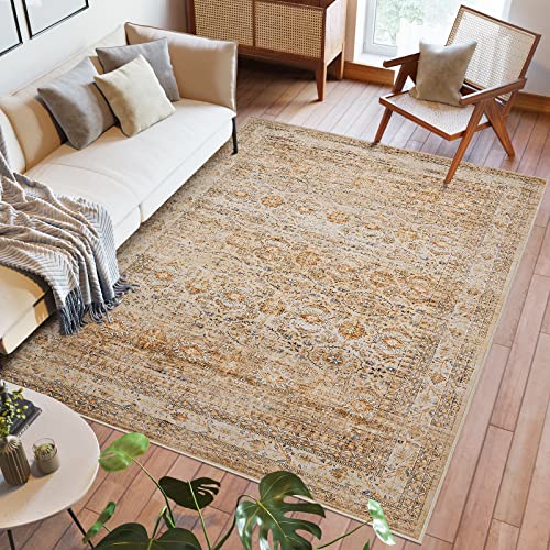 8x10 Area Rugs for Living Room Bedroom, Soft Vintage Washable Rug with Non-Slip Backing Non Shedding Stain Resistant Boho Vintage Large Carpet for Dining Room Home Decor Indoor Floor (Beige)