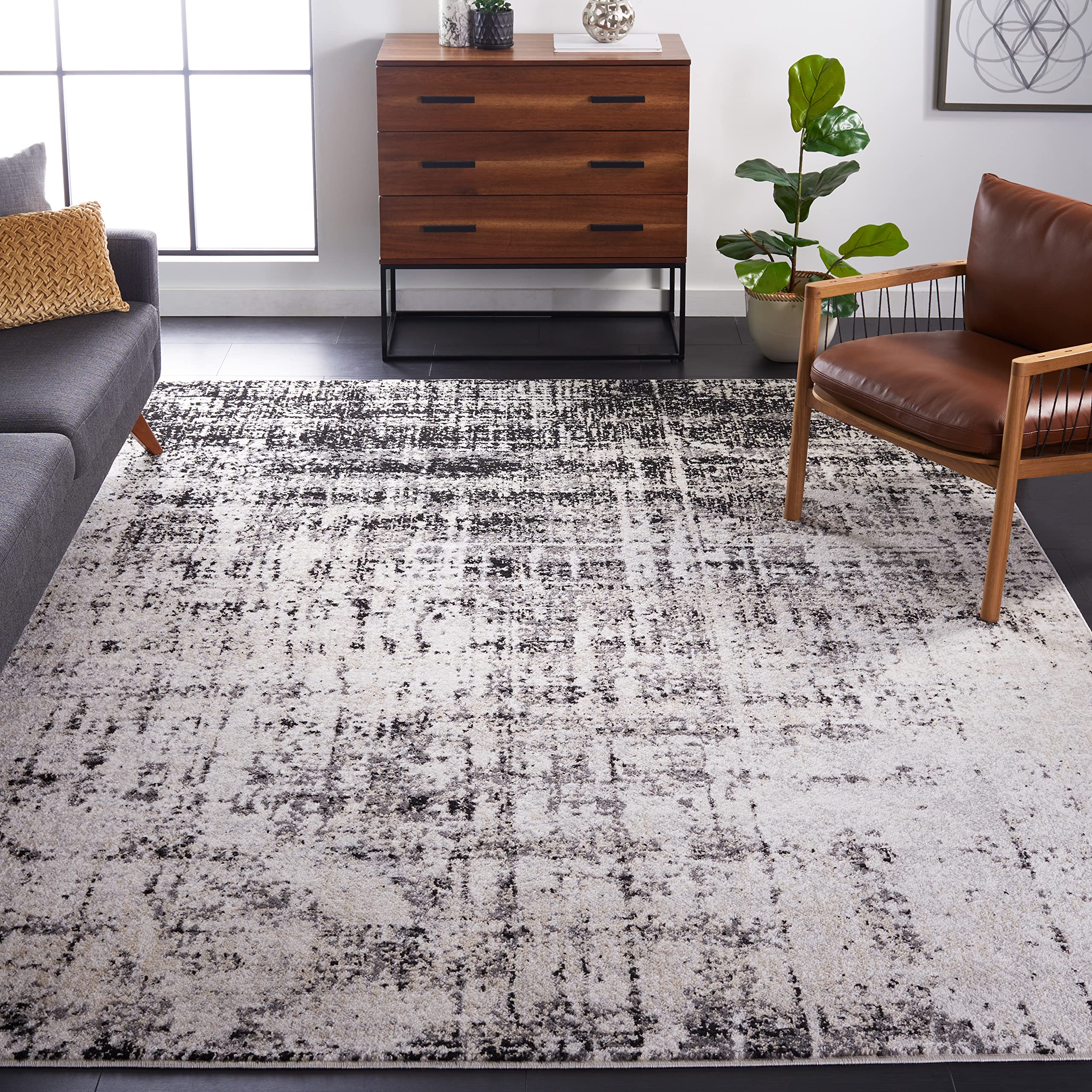 SAFAVIEH Adirondack Collection Area Rug - 9' x 12', Silver & Black, Modern Abstract Design, Non-Shedding & Easy Care, Ideal for High Traffic Areas in Living Room, Bedroom (ADR207D)