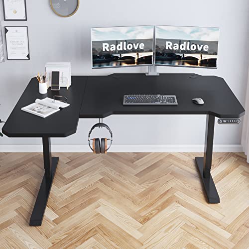 Radlove 59-Inch Large Electric Height Adjustable Computer L-Shaped Desk with Memory Controller Corner Standing Desk Modern Workstation with Splice Board Game Ergonomic Desk (Black Frame + Black Top)
