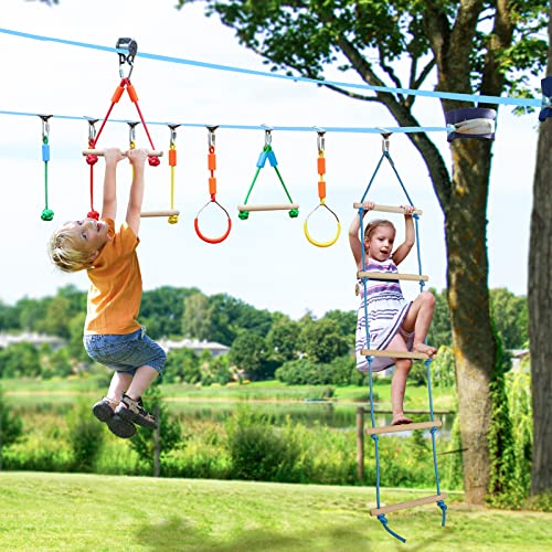 Jugader 2X50ft Ninja Warrior Obstacle Course for Kids with Pulley, Ninja Warrior Slackline Kit with Accessories, Monkey Bars, Gym Rings,Climbing Ladder