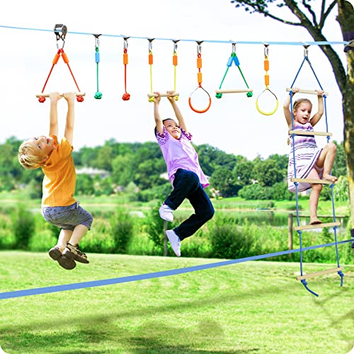Jugader 2X50ft Ninja Warrior Obstacle Course for Kids with Pulley, Ninja Warrior Slackline Kit with Accessories, Monkey Bars, Gym Rings,Climbing Ladder