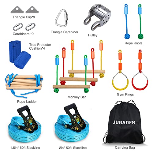 Jugader 2X50ft Ninja Warrior Obstacle Course for Kids with Pulley, Ninja Warrior Slackline Kit with Accessories, Monkey Bars, Gym Rings,Climbing Ladder