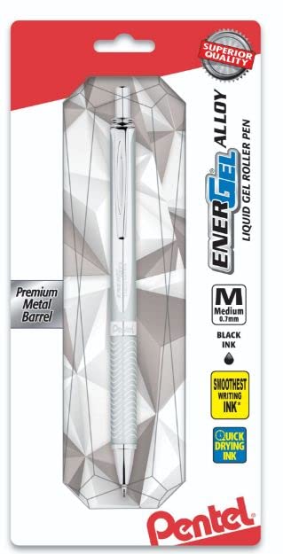 Pentel EnerGel Alloy Retractable Premium Liquid Gel Pen, (0.7mm) Metal Tip, Medium Line, Silver Barrel, Refillable Black Ink