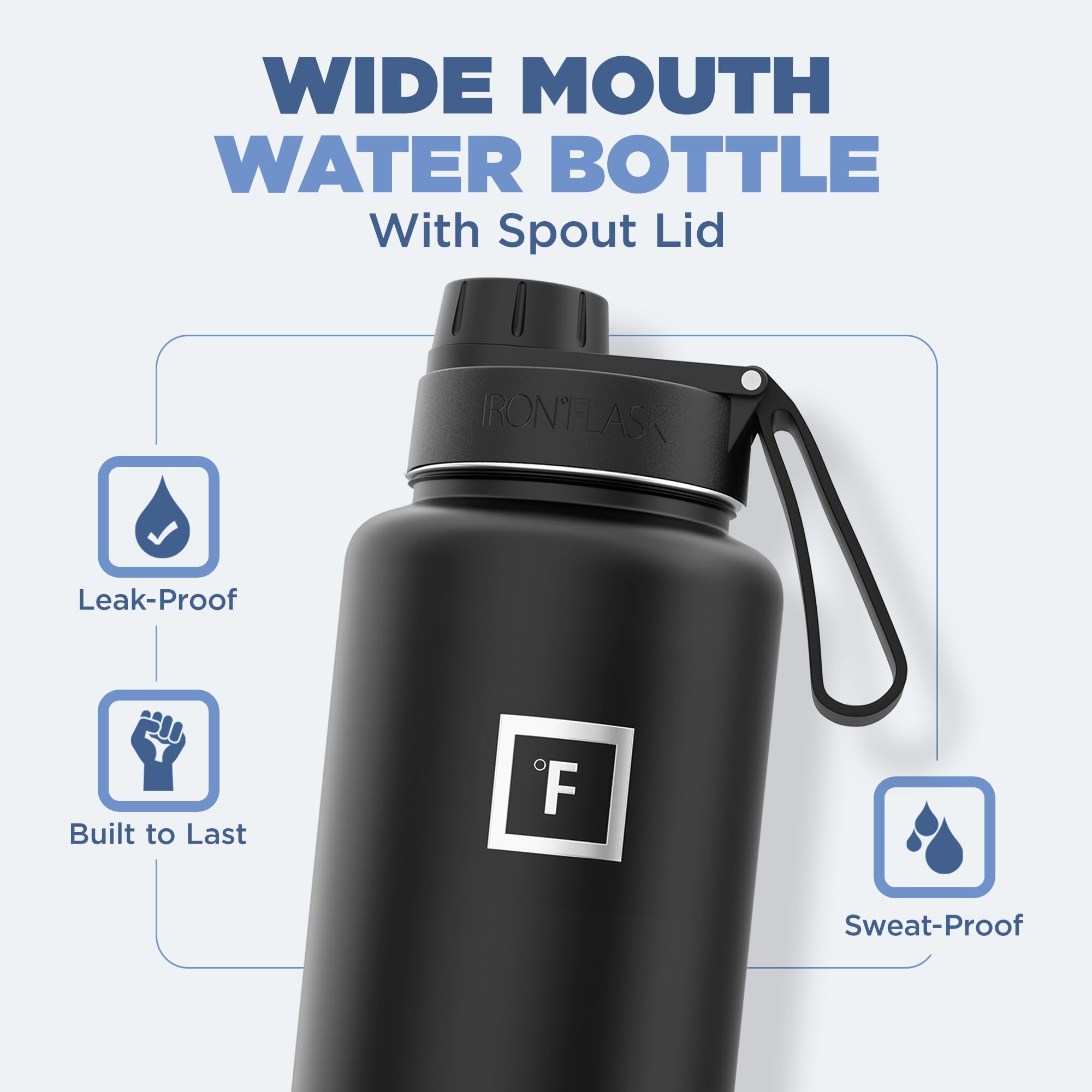 IRON °FLASK Camping & Hiking Hydration Flask with 3 Lids - Stainless Steel, Double Walled & Vacuum Insulated Water Bottle - Leak Proof & BPA Free (Fire, Spout - 40 oz)