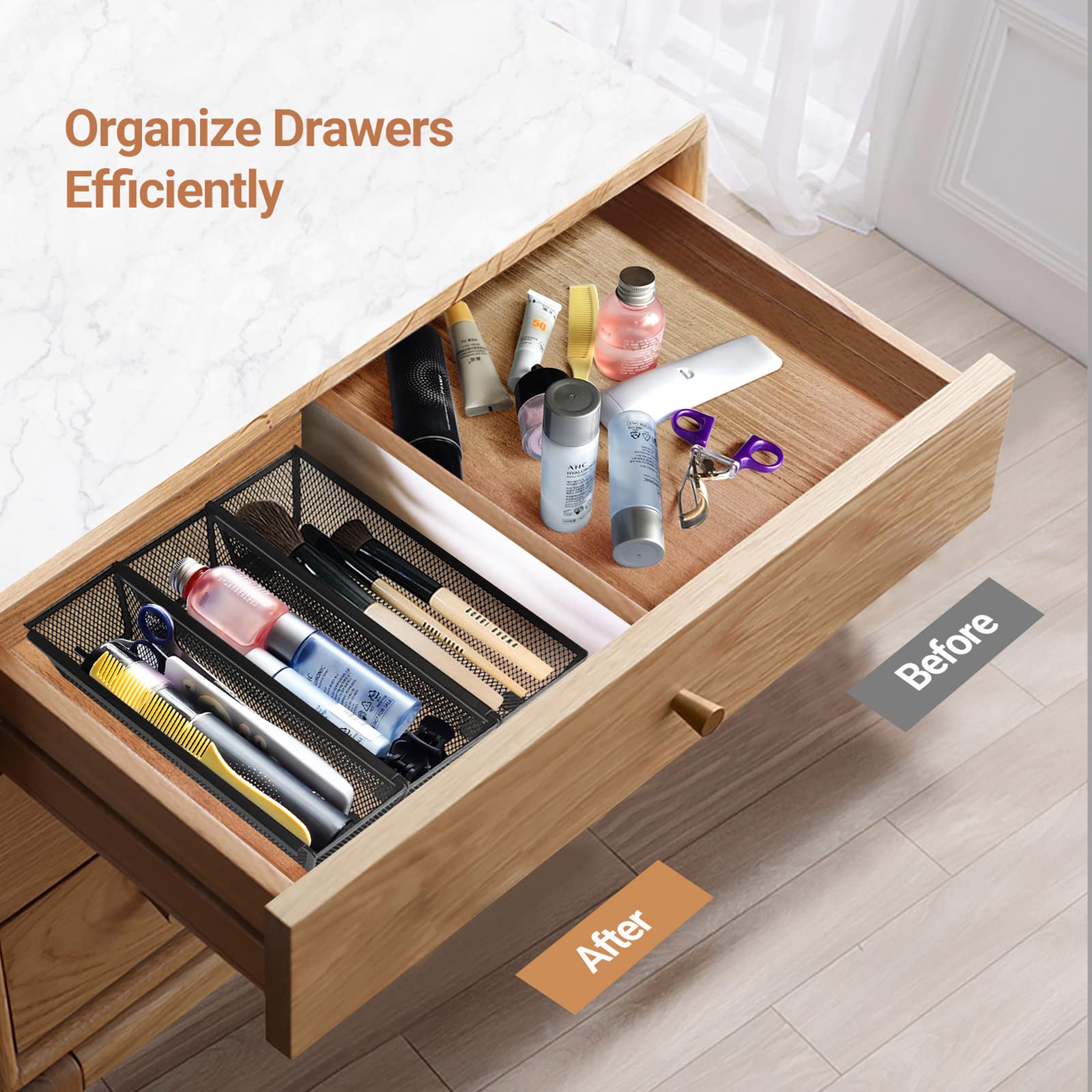 Sisfung Drawer Organizer, Silverware Drawer Organizer for Kitchen, Utensil Mesh Drawer Organizer with Interlocking Arm for Flatware, Knives, Pen, Cosmetic (9 * 3 * 2 inch, 6-Pack)