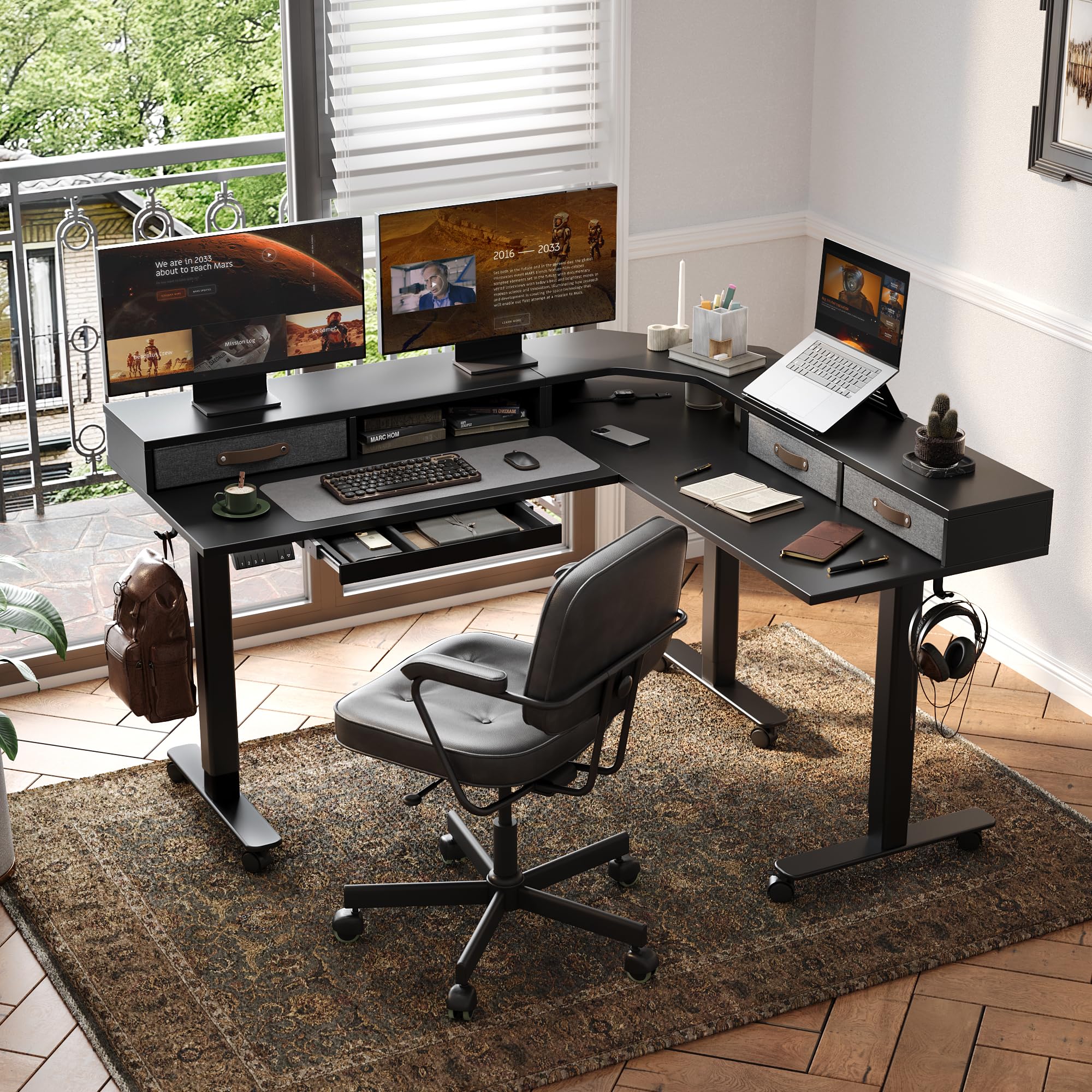 Claiks Dual Motor 63" L Shaped Standing Desk with Drawers, Electric Standing Desk Adjustable Height, Corner Stand up Desk with Splice Board, Black Frame/Black Top