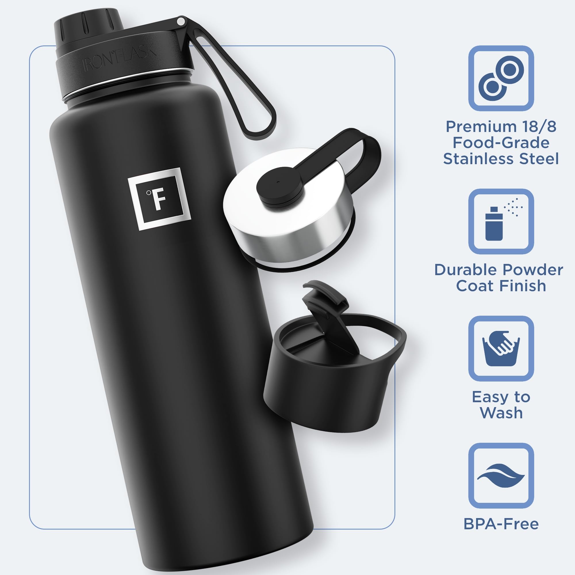 IRON °FLASK Camping & Hiking Hydration Flask with 3 Lids - Stainless Steel, Double Walled & Vacuum Insulated Water Bottle - Leak Proof & BPA Free (Fire, Spout - 40 oz)