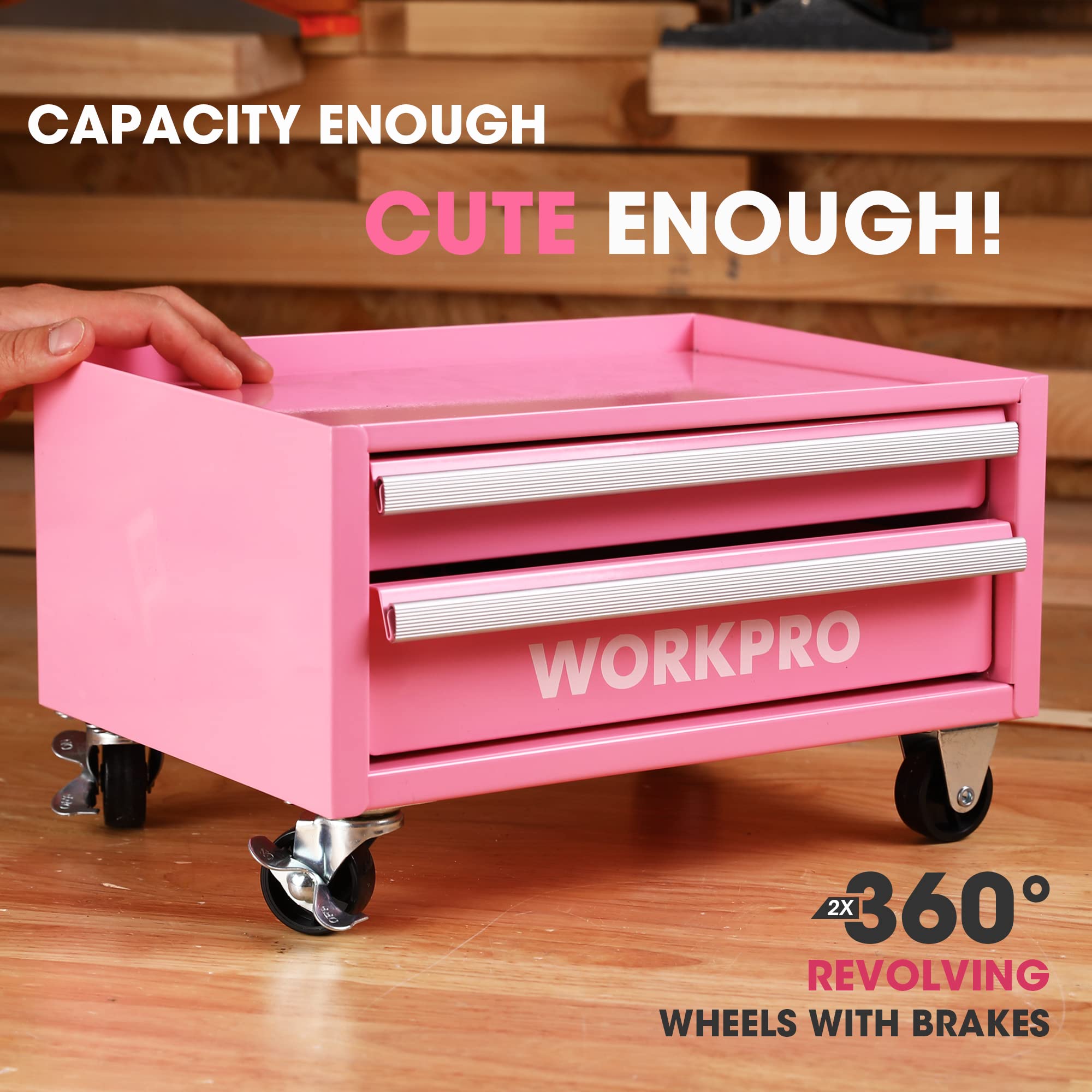 WORKPRO Pink Real Tool Set for Kids with 12 Inch Mini Steel Tool Box with Wheels, 10PCS Kids Real Tools with 2 Drawers Desk Metal Rolling Tool Chest, Children's Tool Kit for Home DIY- Pink Ribbon