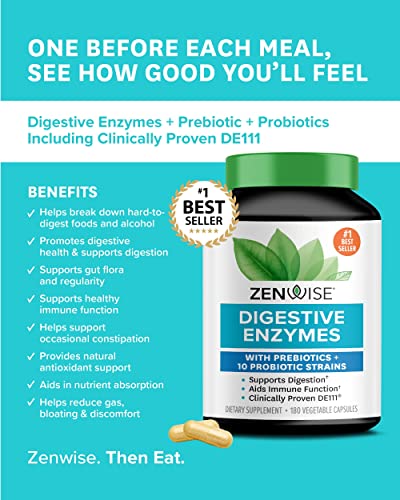 Zenwise Probiotic Digestive Multi Enzymes, Probiotics for Digestive Health, Bloating Relief for Women and Men, Enzymes for Digestion with Prebiotics and Probiotics for Gut Health - 180 Count