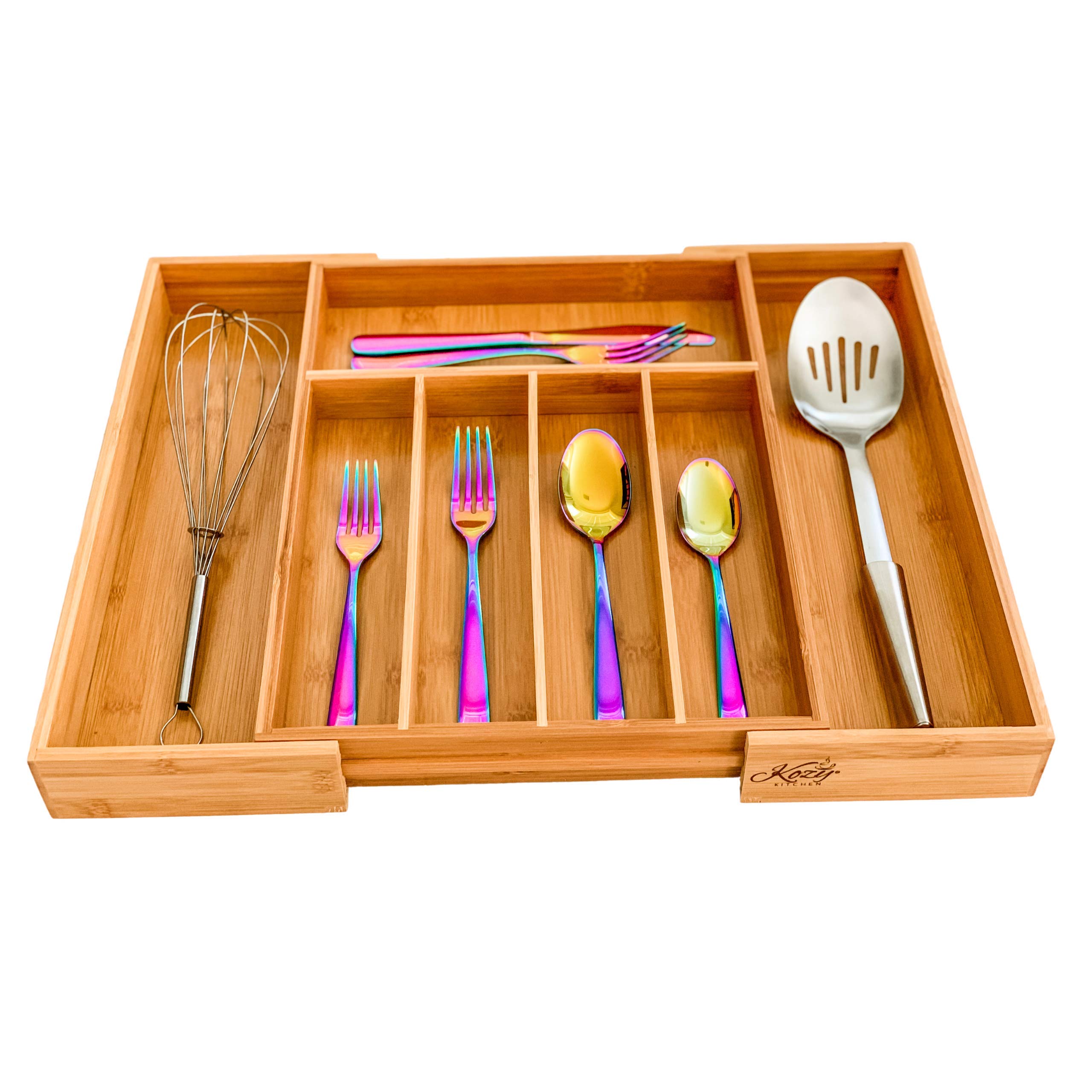 Expandable Drawer Organizer By Kozy Kitchen| 100% Organic Bamboo| Premium Cutlery and Utensil Tray| Perfect For The Kitchen, Bathroom, Desk, etc.| Adjustable Kitchen Drawer Divider with 7 Compartments